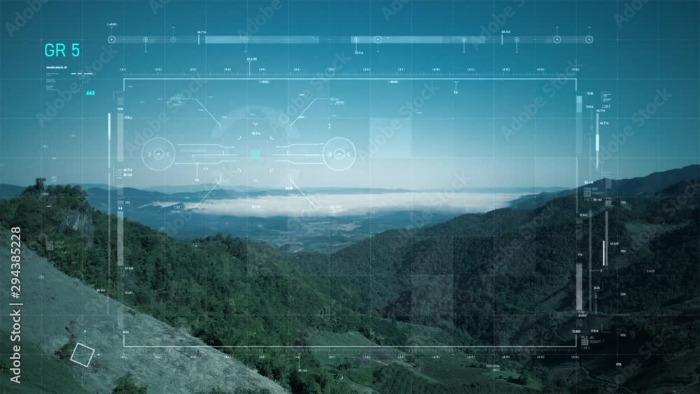 Aerial view scenic landscape of the forest and drone user interface ...