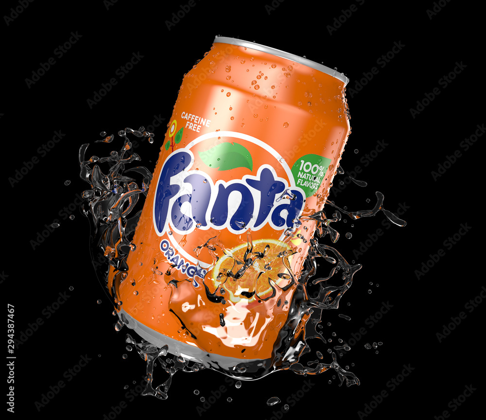 Fanta Orange can Black splash isolated on white background Stock Photo ...