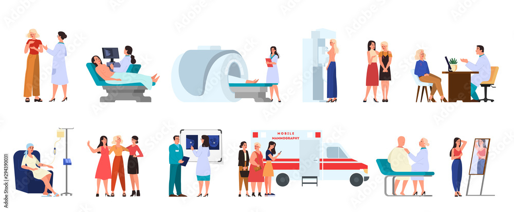 Breast cancer set. Female character with oncology disease. Stock Vector ...