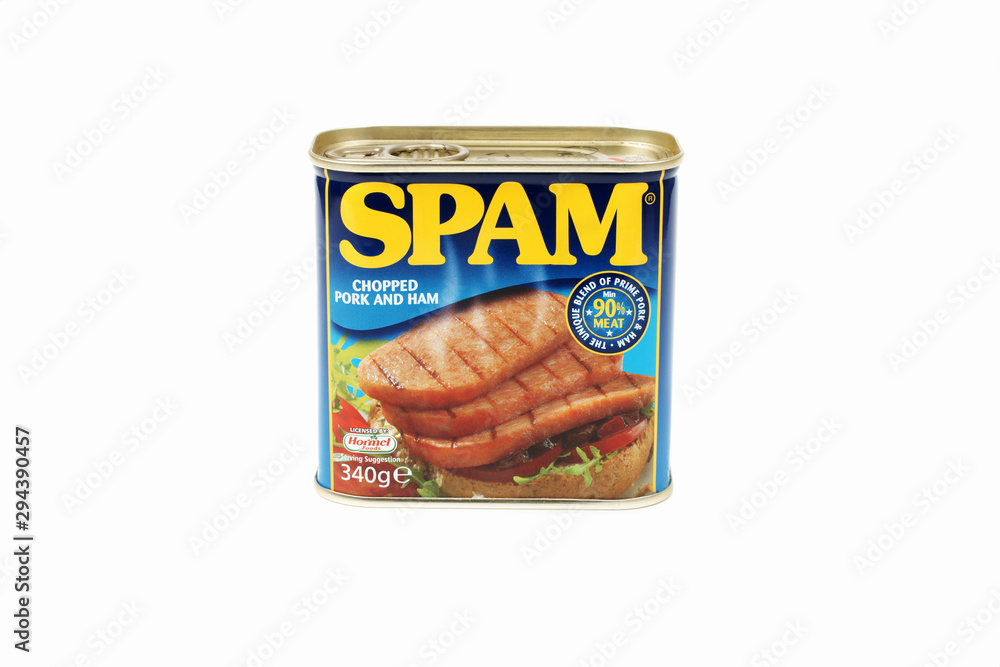 Spam a brand of canned pork shoulder with ham produced by Hormel Foods ...