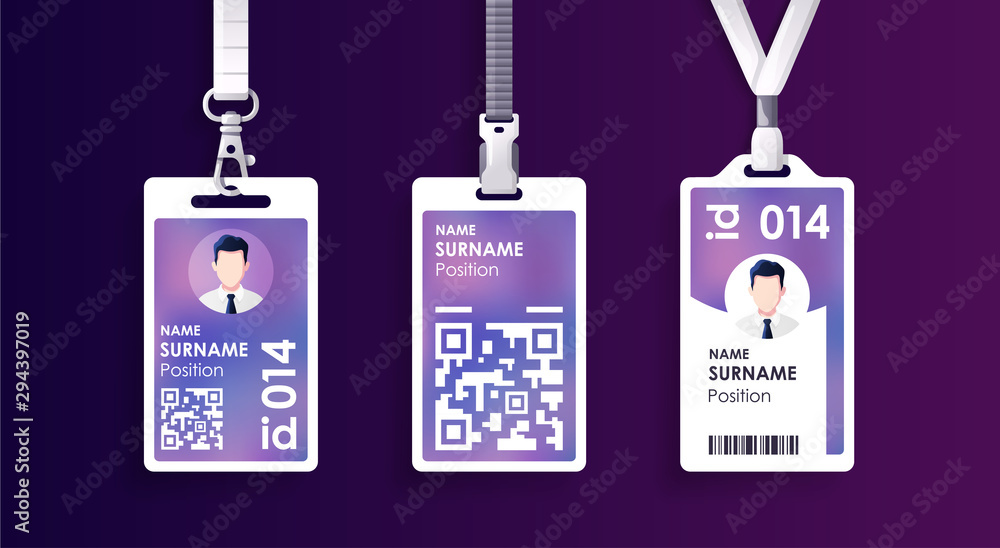 Vector id card template with clasp and lanyard. Purple and white color ...