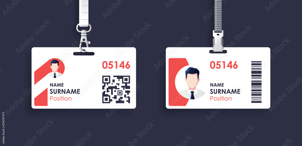 Horizontal id card template with clasp and lanyard. Red and white color ...