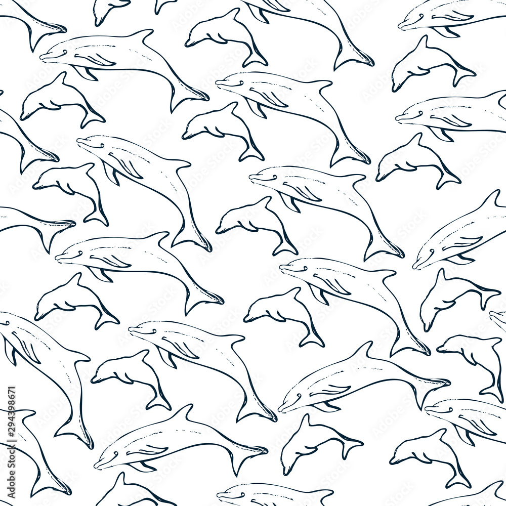 Seamless sea pattern made from hand drawn dolphins. Can be used for ...