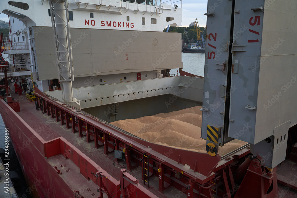 Grain loading in hold of bulk carrier ship with elevator crane closeup ...