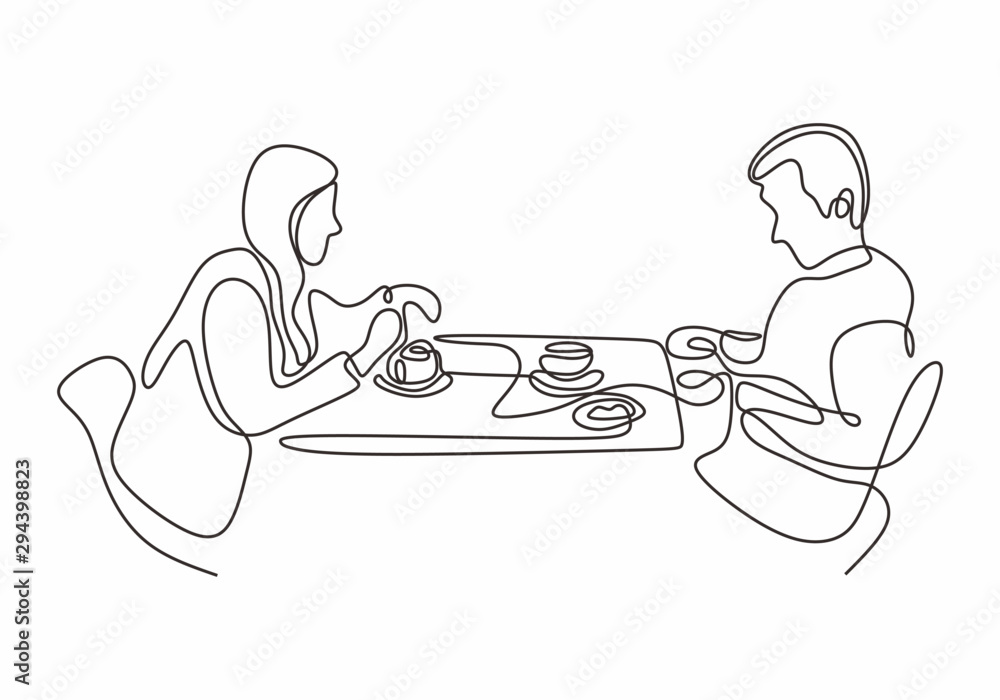 One line drawing of couple of man and woman eating vector illustration ...