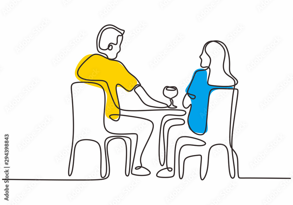 couple of man and woman eating vector illustration. Continuous one line ...