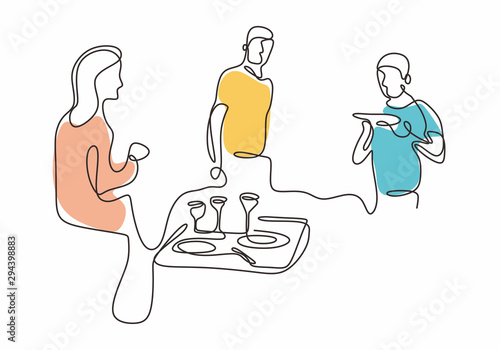 continuous line drawing of company of friends dining in restaurant ...
