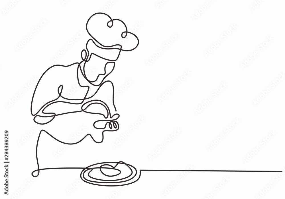 single one line drawing of chef preparing food vector illustration ...