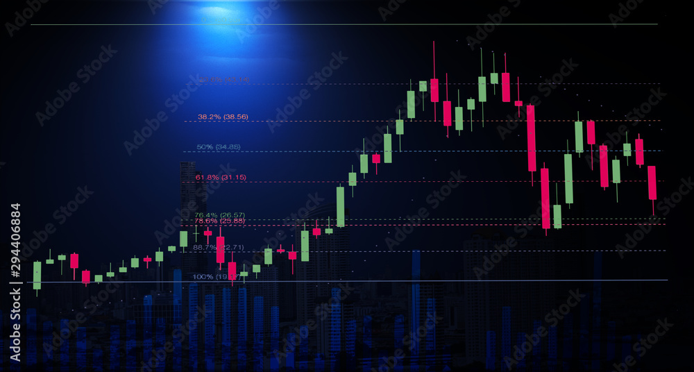 Stock graph chart with fibonacci indicators and volume bar with ...