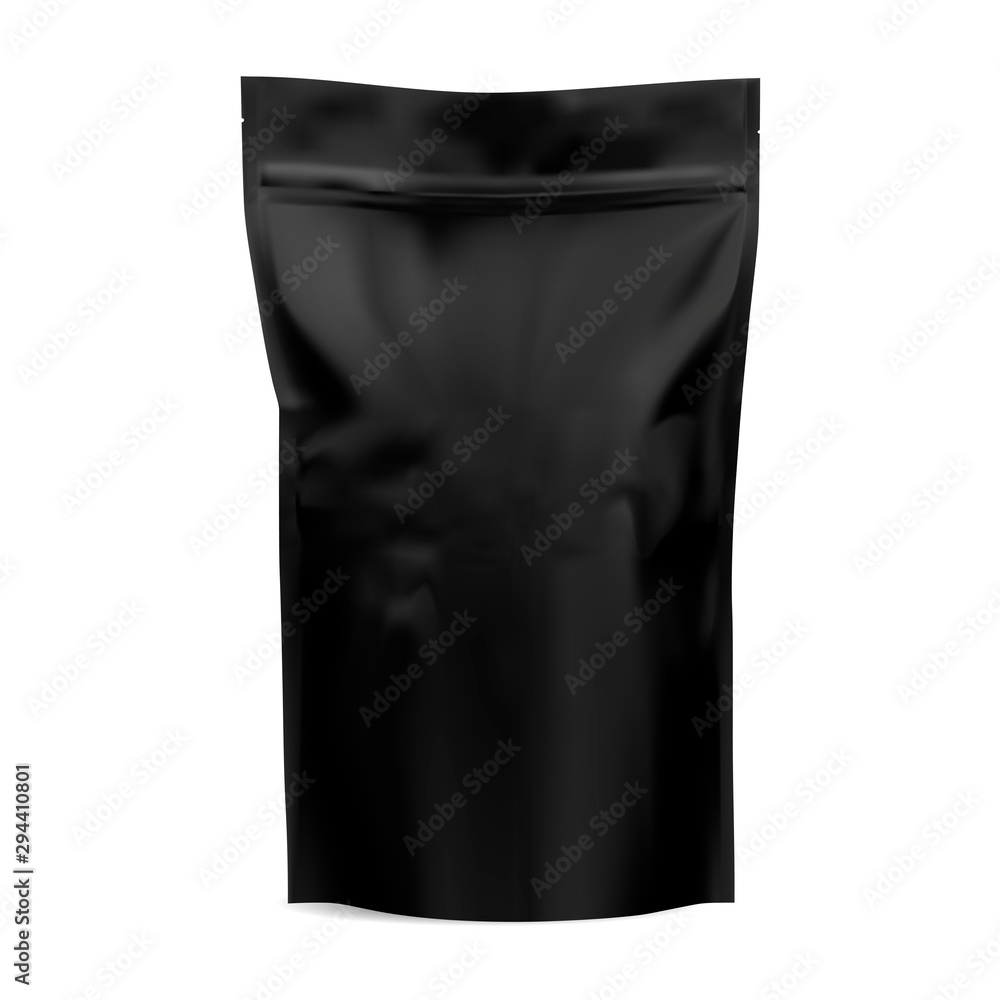 Black coffee bag. Zip package mock up. Foil Paper blank template design ...