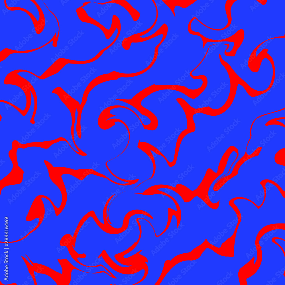 Blue melted stripes on a red background. Distorted pattern. For prints ...