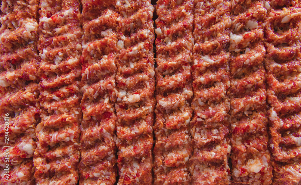 Traditional Turkish Adana Kebab or Kebap meat texture background with ...