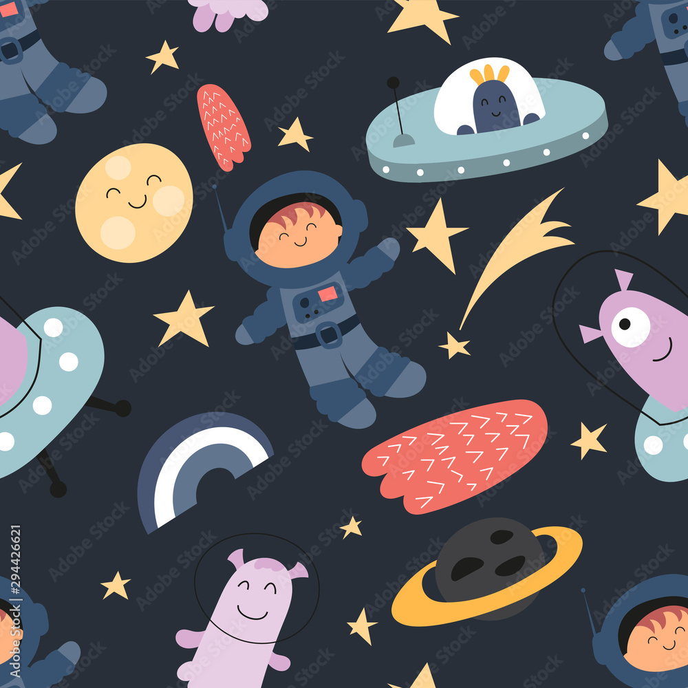 Seamless pattern with cute space characters - spaceman, alien, UFO in ...