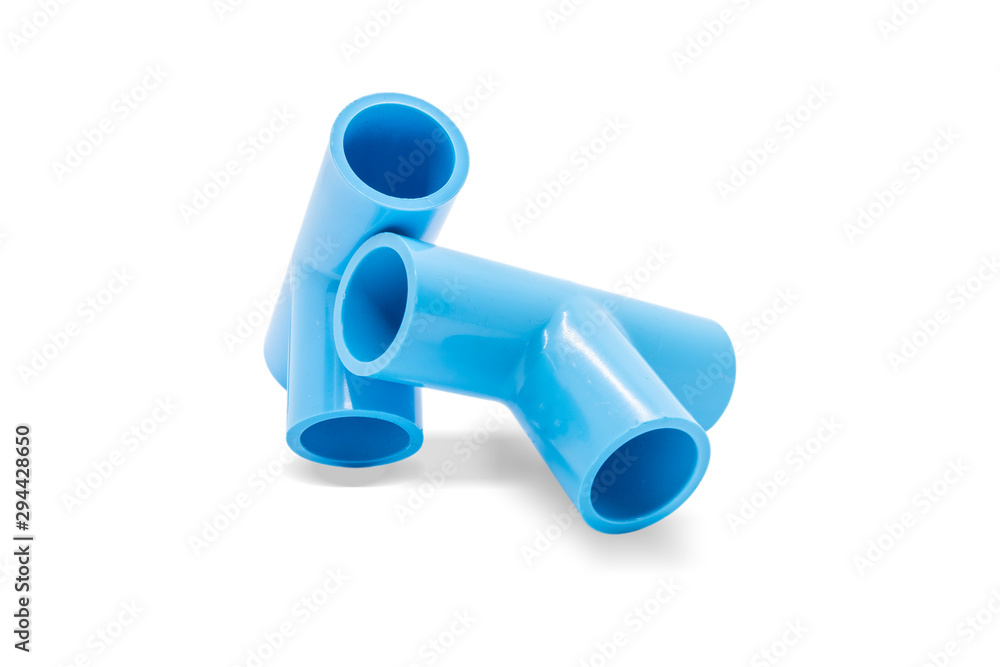 Blue pvc plastic pipe T-joint fitting connect 3 pipe isolated white ...