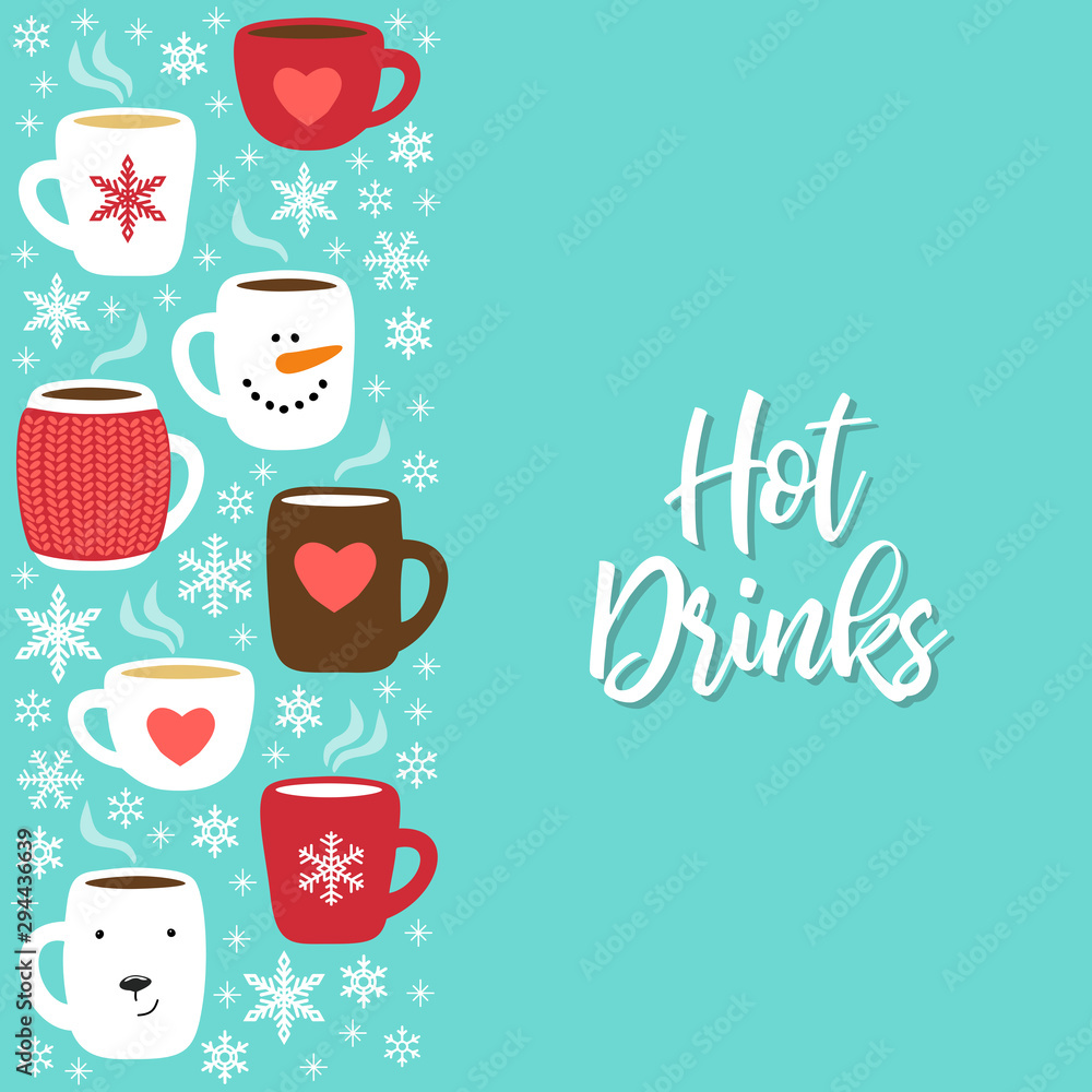 Cute Hot Drinks background with hand drawn cozy mugs Stock Vector ...