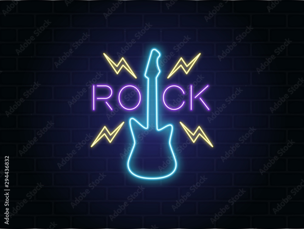 Color illustration of a neon guitar, lightning with text on a ...