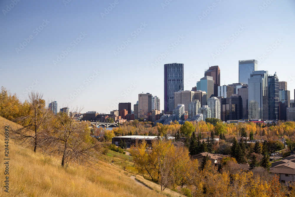 Autumn view of downtown Calgary, fall foliage, buildings, Centre street ...