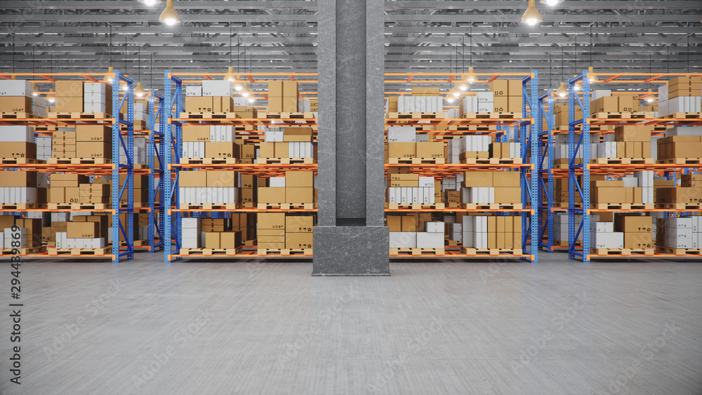 Warehouse with cardboard boxes inside on pallets racks, logistic center ...