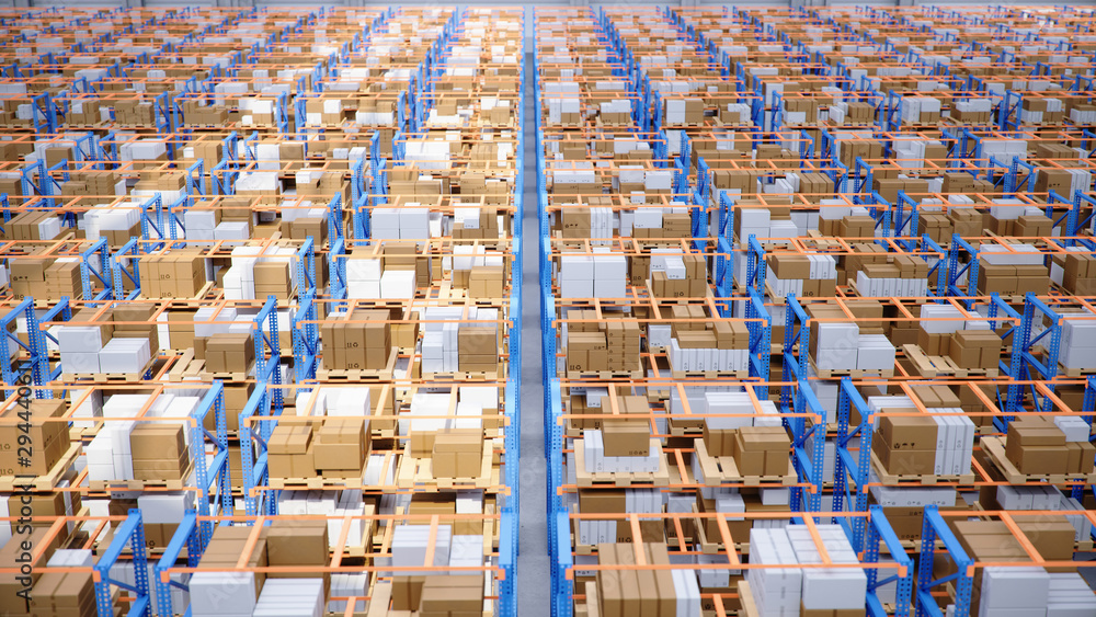 Warehouse with cardboard boxes inside on pallets racks, logistic center ...