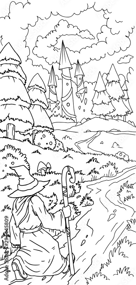 Wise wizard with magic staff, hat and mantle. Coloring book. Cartoon ...
