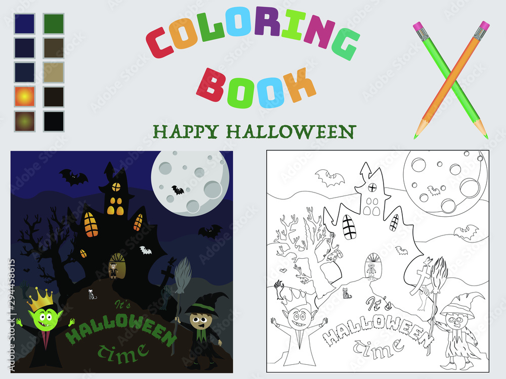 Halloween Holiday Colorful coloring page of book for kids and adult for ...