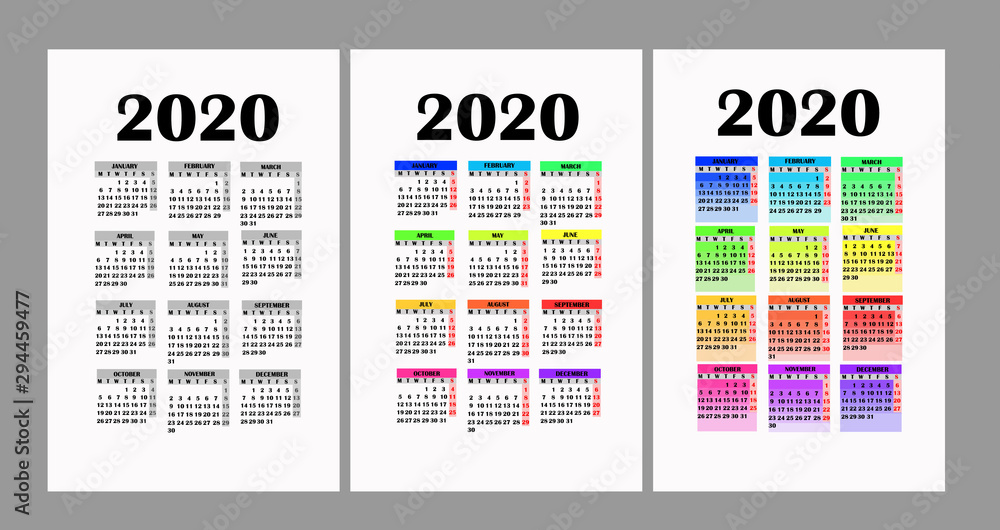 Design for calendar Year 2020. Colorful set design for calendar 2020 ...