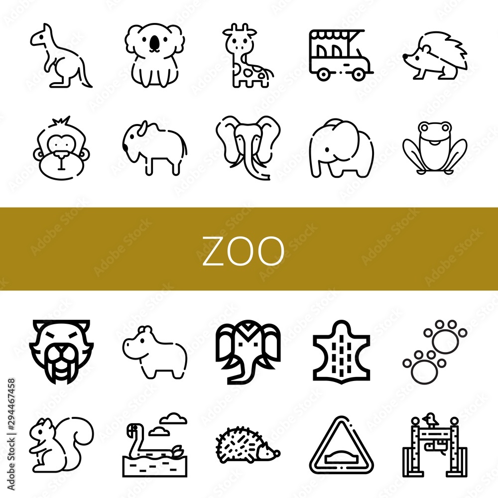 Set of zoo icons such as Kangaroo, Monkey, Koala, Bison, Giraffe ...