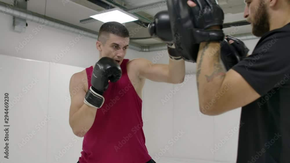 At a Boxing training session in the white room, a man beats his gloved ...