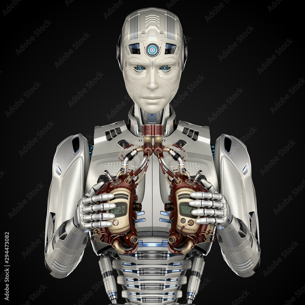 Detailed futuristic android or humanoid cyborg holding mechanical lungs ...
