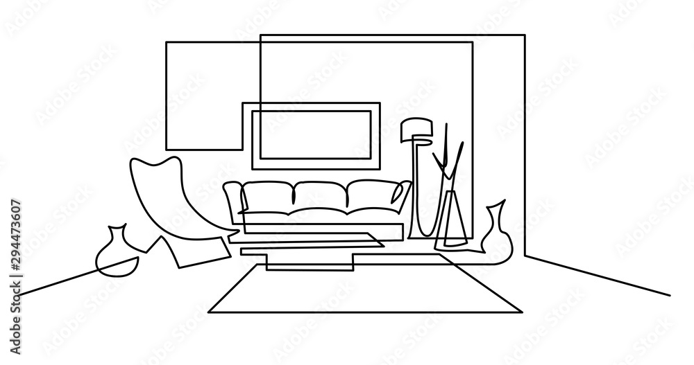 continuous line drawing of spacious living room area with furniture ...