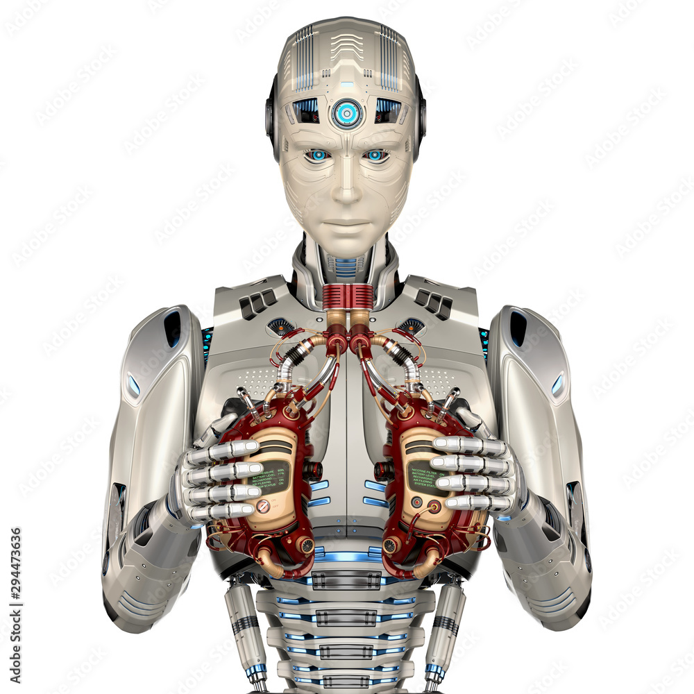 Detailed futuristic android or humanoid cyborg holding mechanical lungs ...
