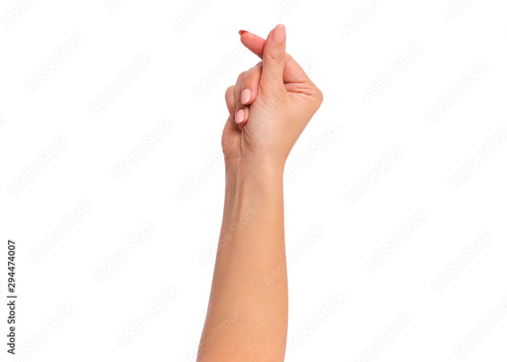 Female hand showing sign symbol of money by fingers, isolated on white ...