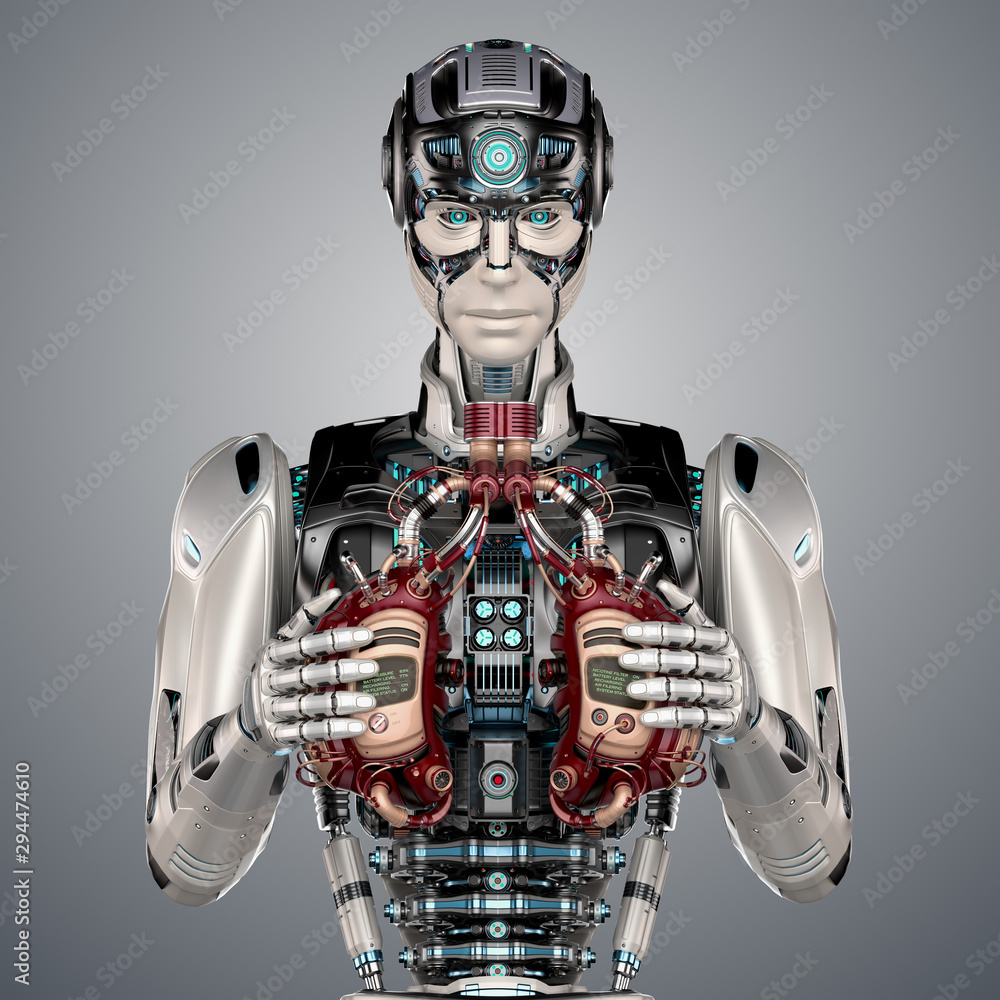 Detailed futuristic android or humanoid cyborg holding mechanical lungs ...
