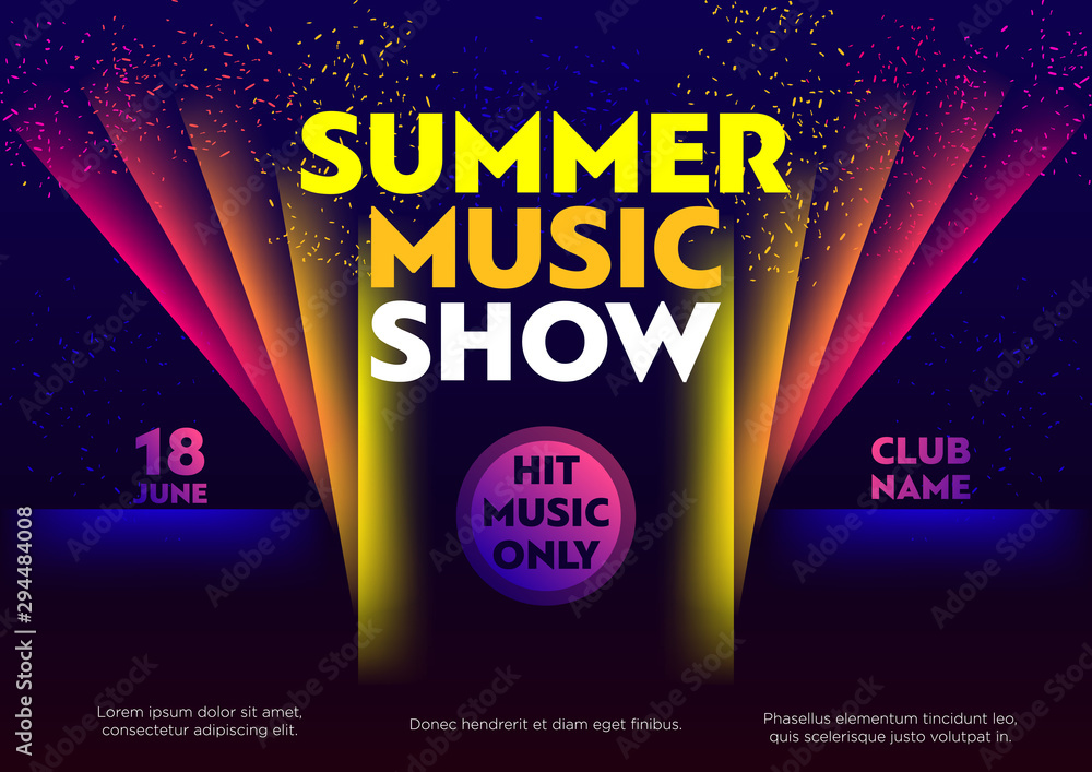 Horizontal summer music show poster with color graphic elements, dark ...