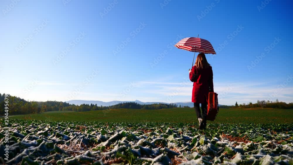 woman in coat with suitcase and umbrella on mountain background Stock ...