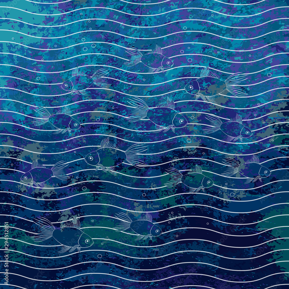 Beautiful blue background with fish. Vector with curved lines. Texture ...