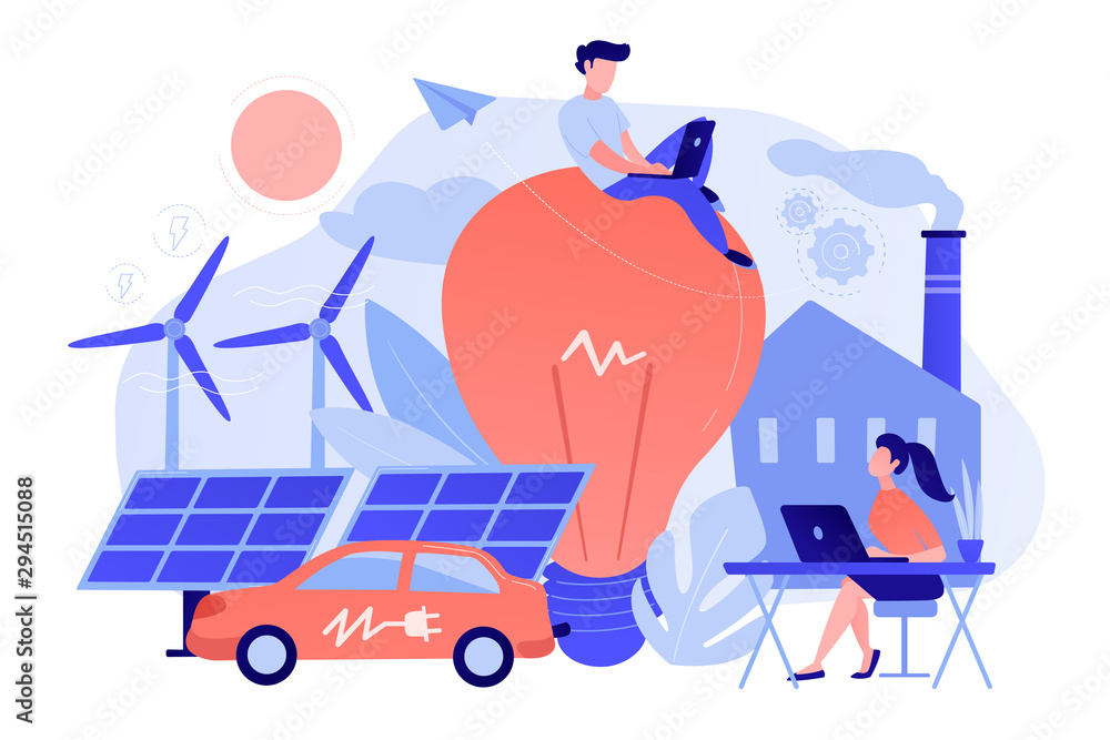 People around huge lamp analyzing power data. Renewable energy, power ...