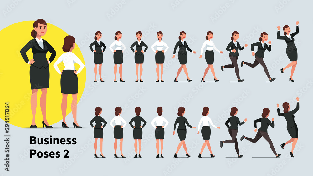 Business woman poses set. Front and back views Stock Vector | Adobe Stock