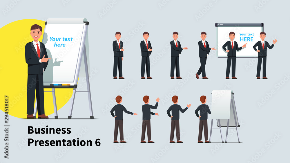 Business teacher man giving lecture poses set Stock Vector | Adobe Stock