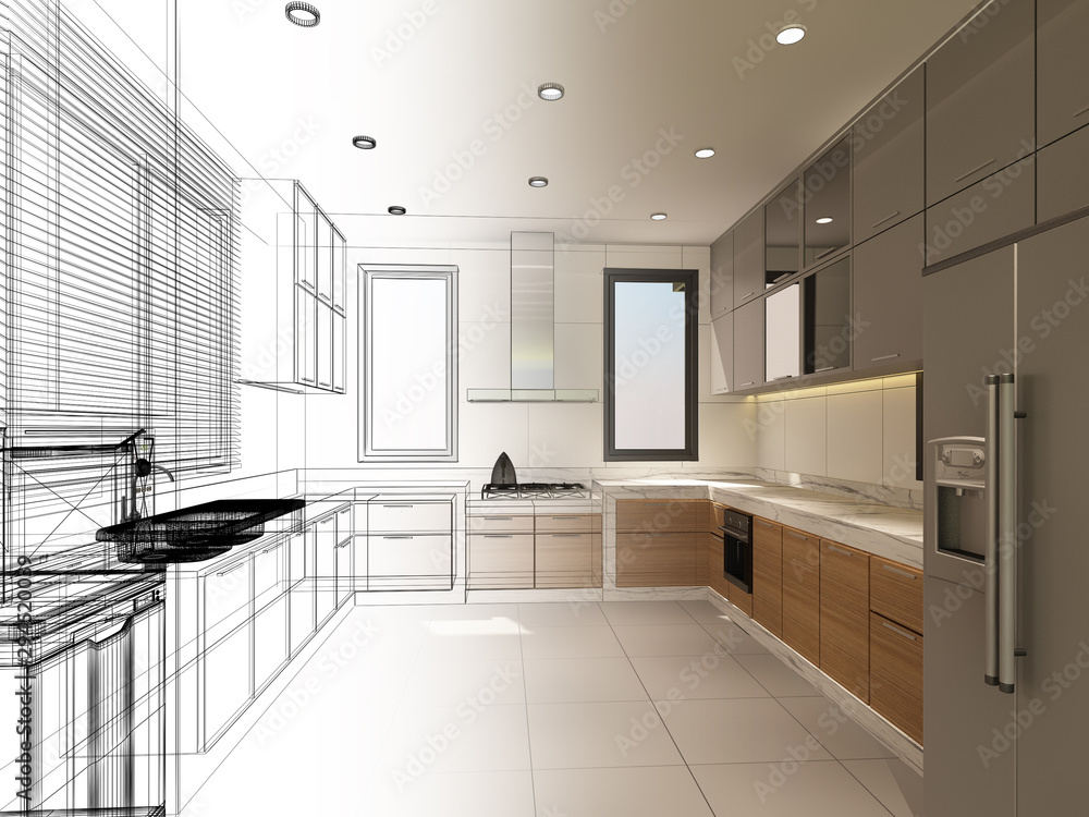 abstract sketch design of interior kitchen ,3d rendering Stock ...