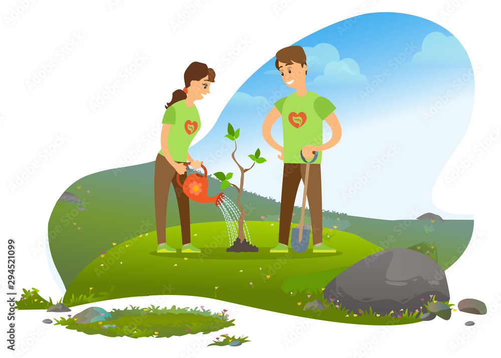 Planting tree, man and woman, gardening and growing. Mountains ...