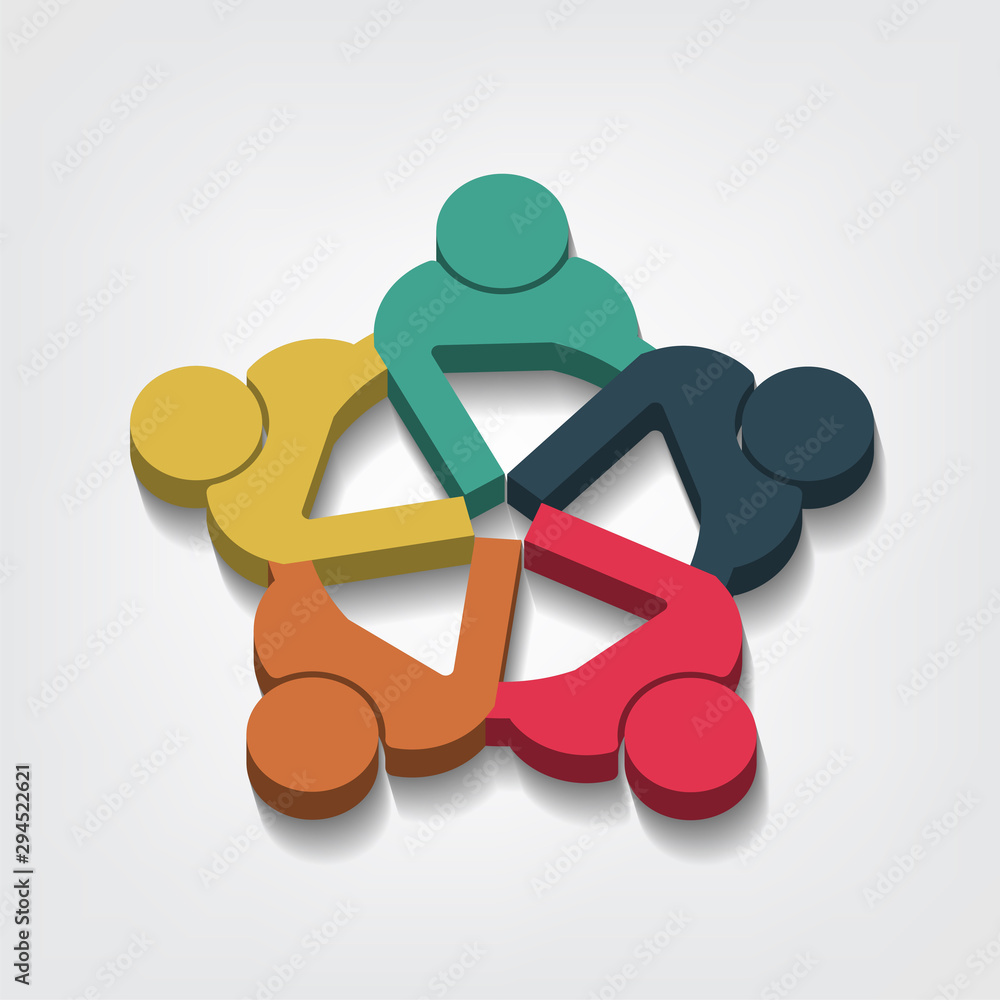 Group of five people logo in a circle.Persons teamwork holding point of ...