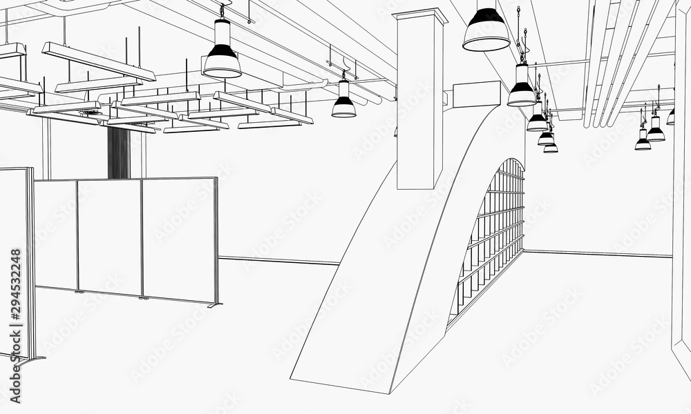 empty room, contour visualization, 3D illustration, sketch, outline ...