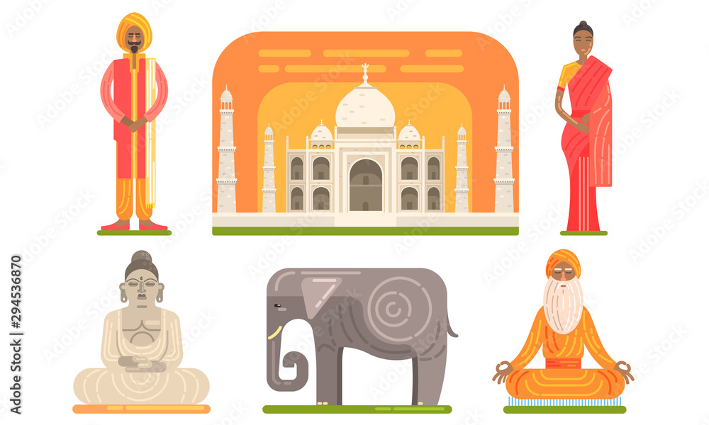 Traditional National Indian Symbols Set, Indian People, Taj Mahal ...