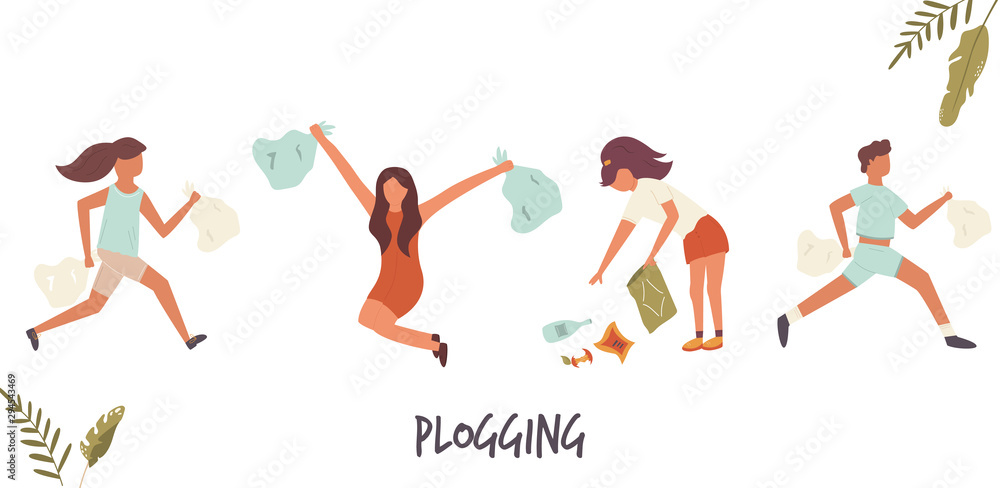 Young people girl doing plogging. Eco lifestyle. Stock Vector | Adobe Stock