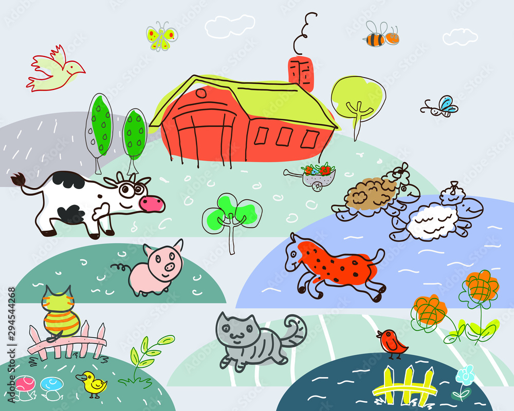 Vector drawing of a farmyard in a funny style. Various animals and ...