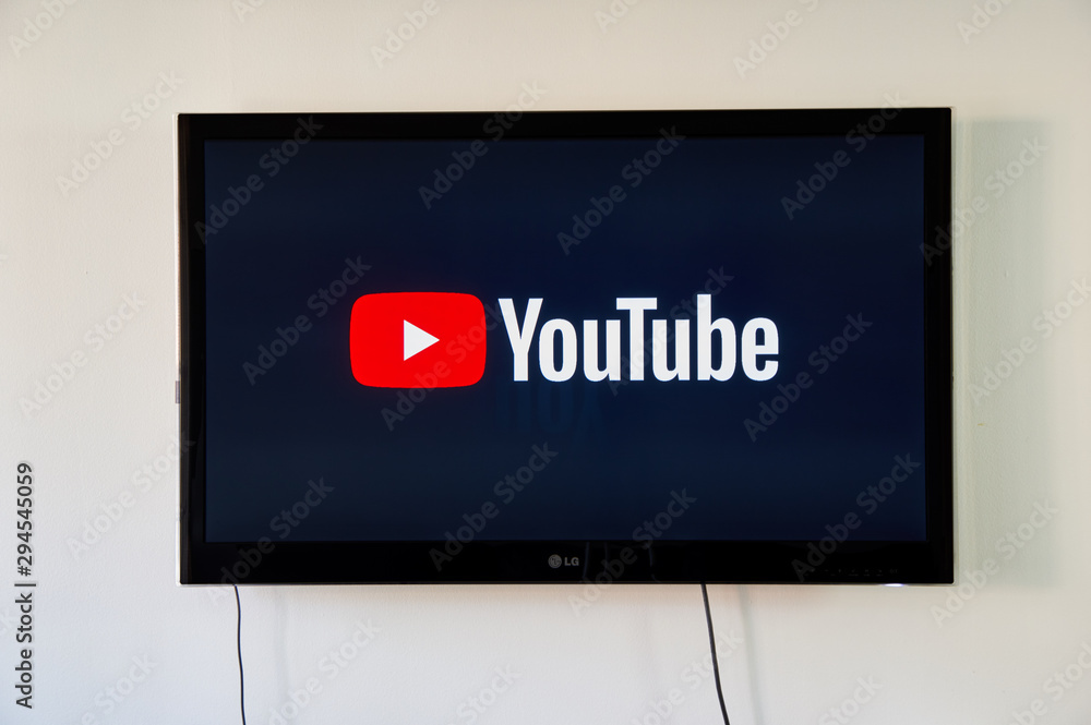 Youtube logo and application on LG smart TV. Stock Photo | Adobe Stock