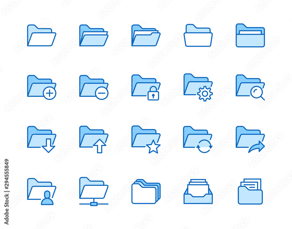 Folders flat line icons set. File catalog, document search, folder ...