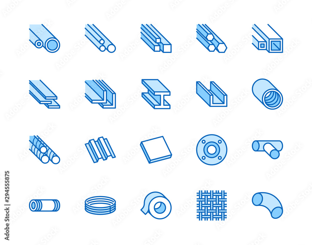 Stainless steel flat line icons set. Metal sheet, coil, strip, pipe ...