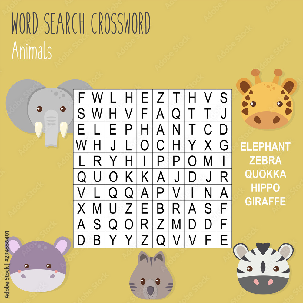 Easy word search crossword puzzle 'Animals', for children in elementary ...